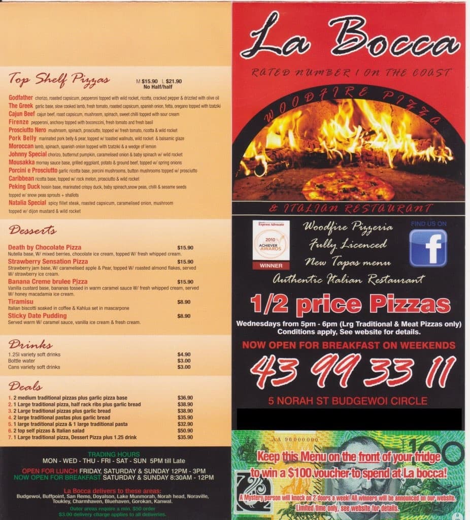 Menu at La Bocca Woodfire Pizzeria and Restaurant, Budgewoi