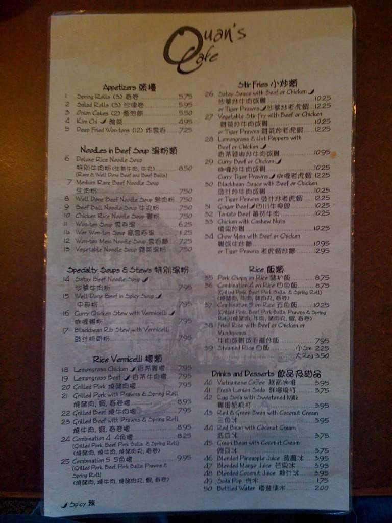 Menu at Quan's Cafe, Edmonton
