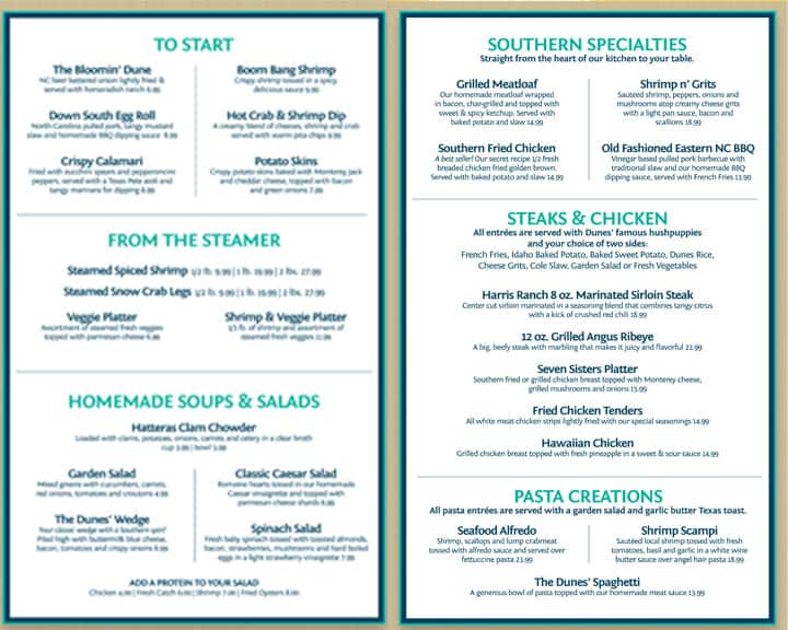Menu at Dunes Restaurant, Nags Head