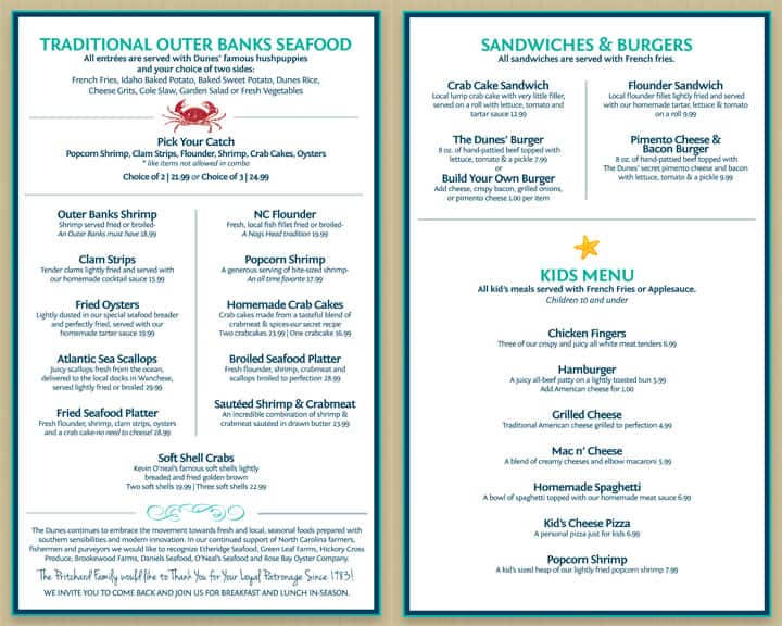 Menu at Dunes Restaurant, Nags Head