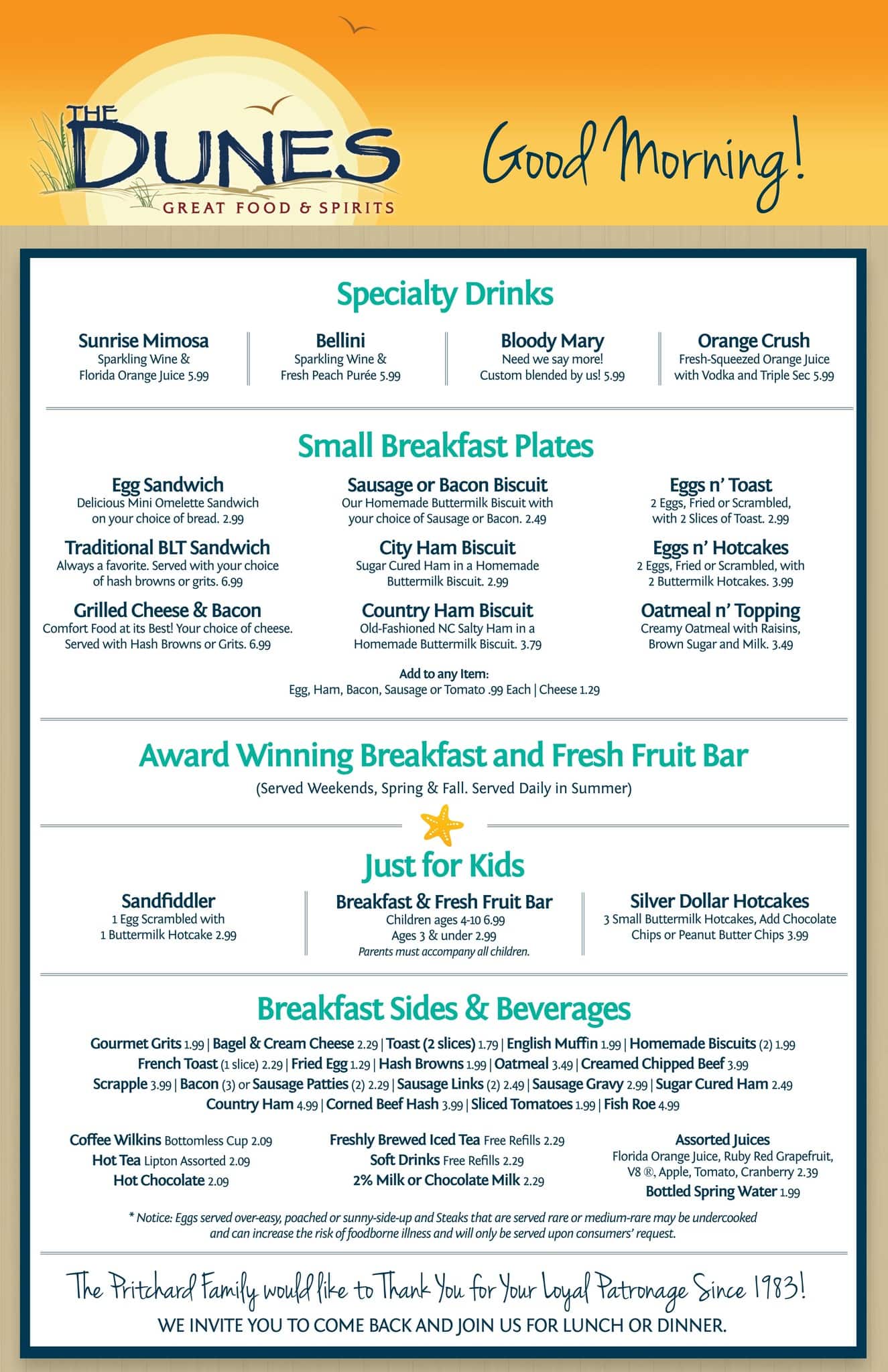 Menu at The Dunes Restaurant, Nags Head