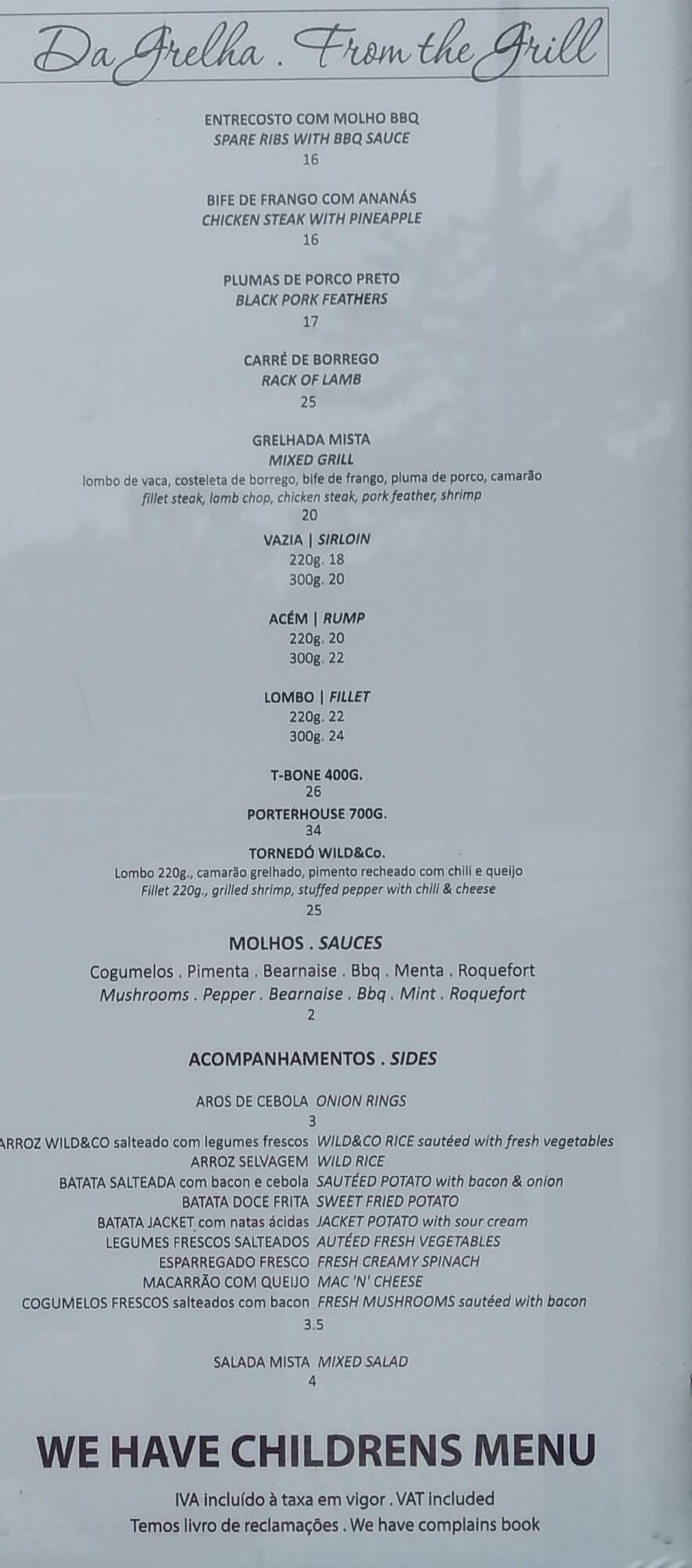 Menu at Wild & Co Steakhouse, Albufeira
