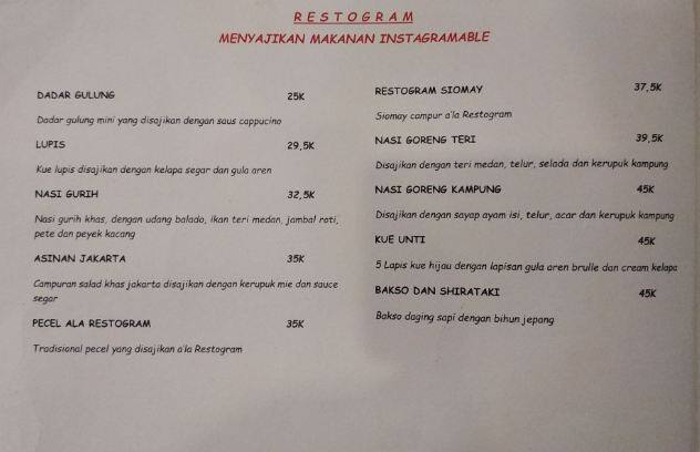 Menu at RESTOGRAM restaurant, South Jakarta