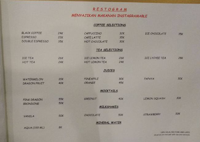 Menu at RESTOGRAM restaurant, South Jakarta