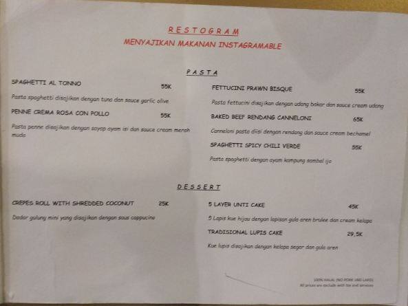 Menu at RESTOGRAM restaurant, South Jakarta