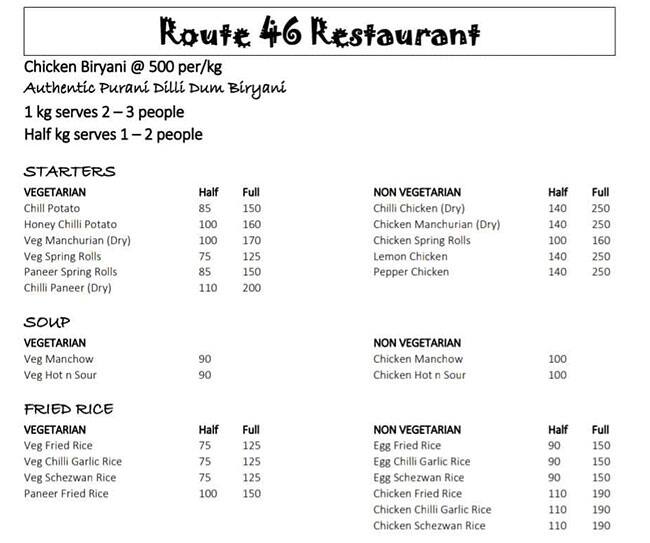 Menu of Route 46 Restaurant, Sector 45, Noida
