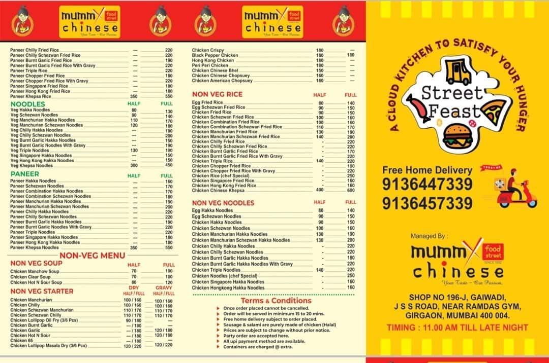 Menu of Street Feast, Girgaum, Mumbai