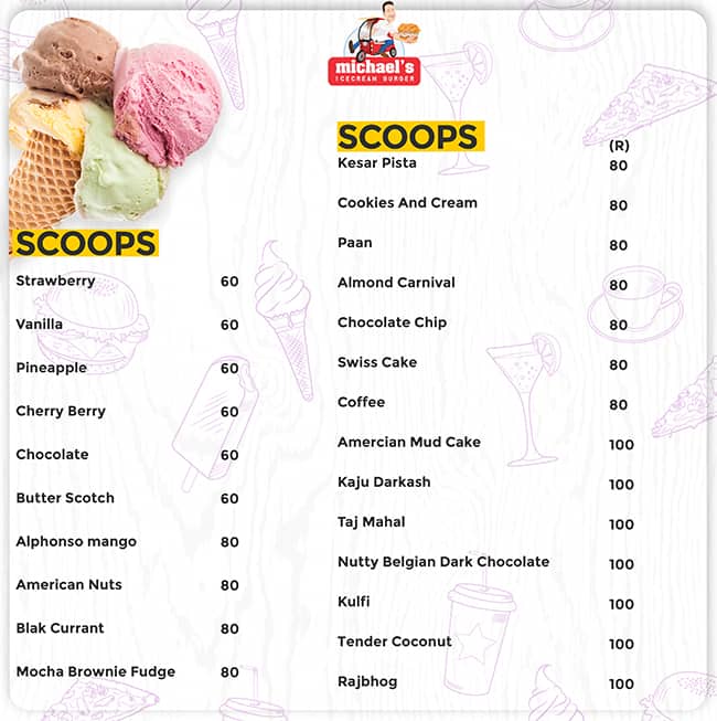 Menu of Michael's Ice Cream Burger, Jakkur, Bangalore