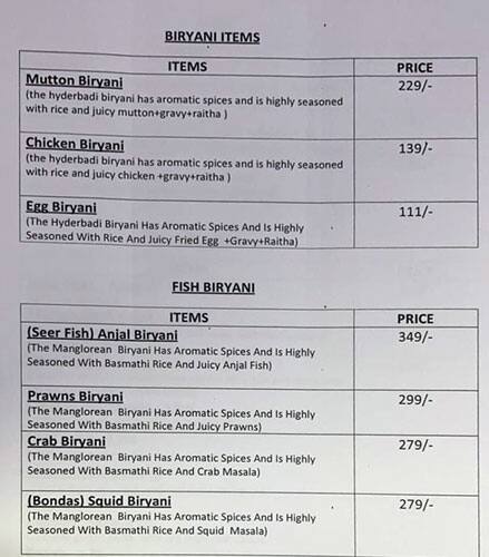 Menu at Karavali Hotel, Bengaluru