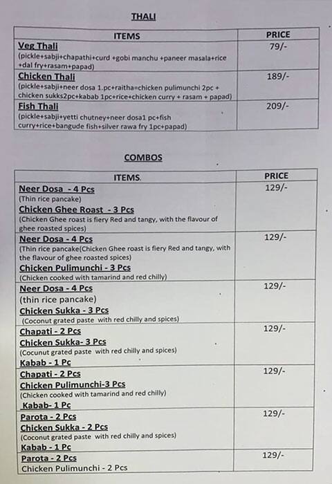 Menu at Karavali Hotel, Bengaluru