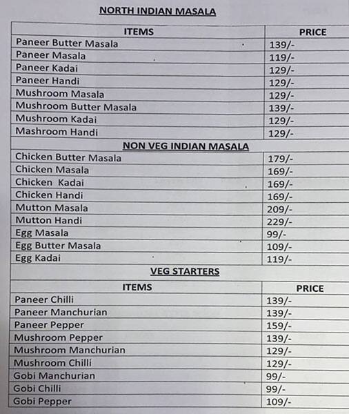 Menu at Karavali Hotel, Bengaluru