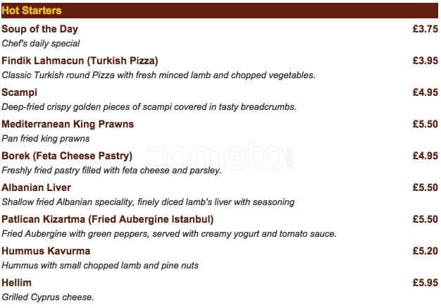 Menu at Grand Bazaar restaurant, London