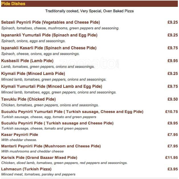 Menu at Grand Bazaar restaurant, London