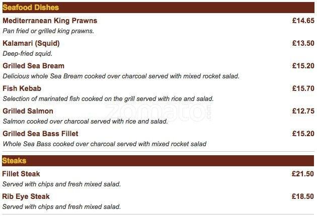 Menu at Grand Bazaar restaurant, London