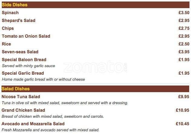Menu at Grand Bazaar restaurant, London