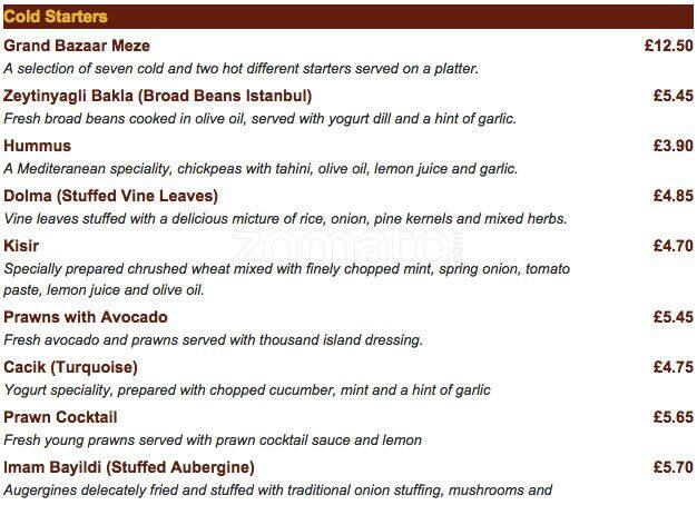 Menu at Grand Bazaar restaurant, London