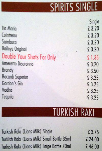 Menu at Grand Bazaar restaurant, London