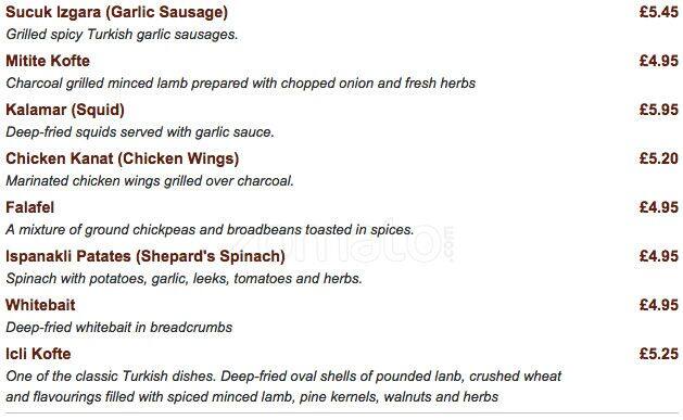 Menu at Grand Bazaar restaurant, London