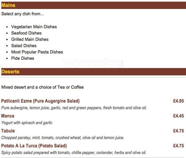 Menu at Grand Bazaar restaurant, London