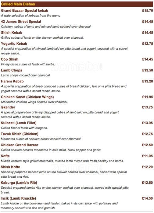 Menu at Grand Bazaar restaurant, London