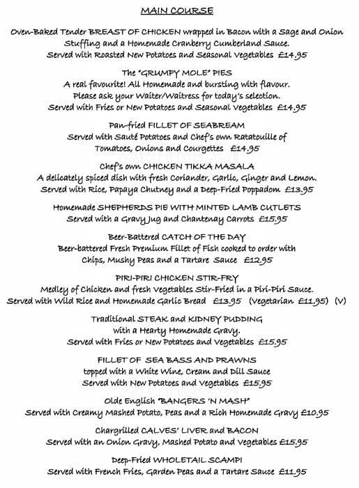 Menu at The Grumpy Mole pub & bar, Worcester Park, Ewell Road