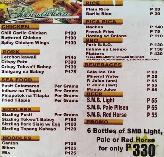 Menu at Panulukan Grill & Restaurant, Manila, Felix Huertas Rd