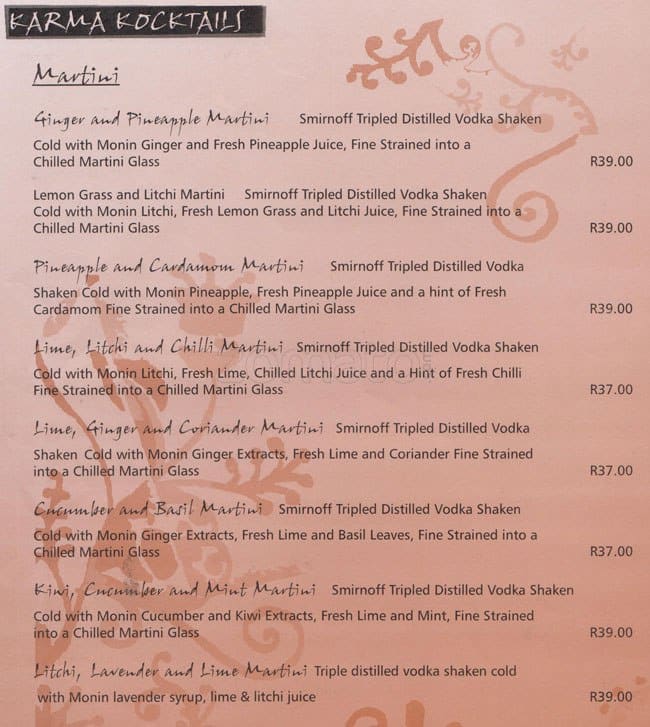 Menu at Karma Restaurant, Randburg, 51 Greenfield Rd