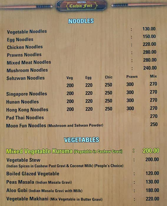 Menu at Hotel Cochin Fort, Kochi, Bellar Rd