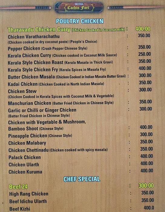 Menu at Hotel Cochin Fort, Kochi, Bellar Rd