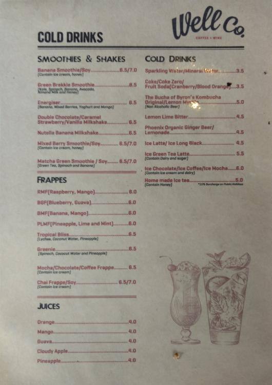 Menu at Well Co. Cafe, Glebe