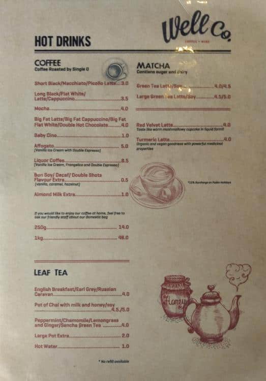 Menu at Well Co. Cafe, Glebe