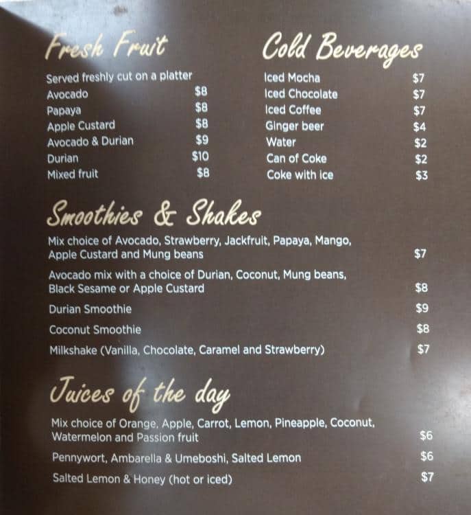 Menu at Cafe 86, Cabramatta