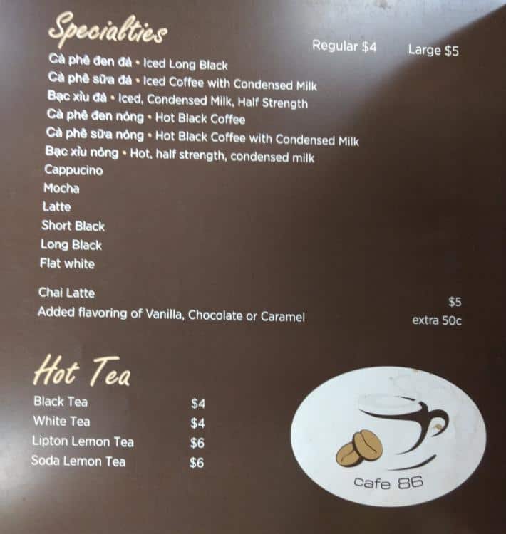 Menu at Cafe 86, Cabramatta