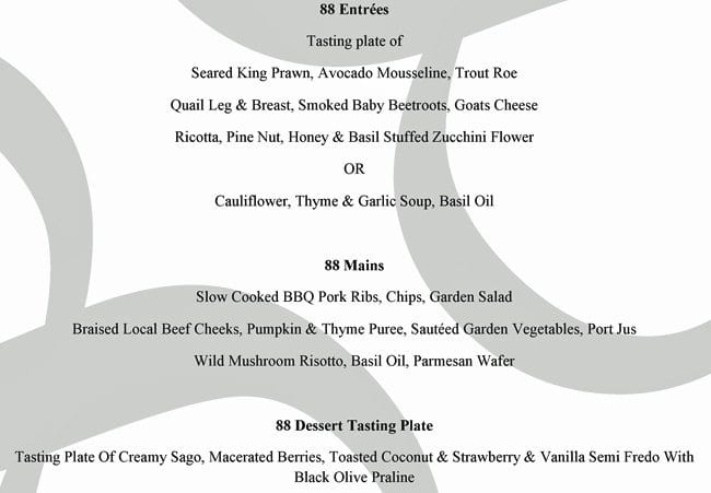 Menu at Restaurant Eighty Eight, Pokolbin