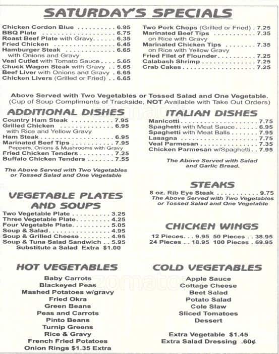 Menu at Trackside Restaurant, Mooresville