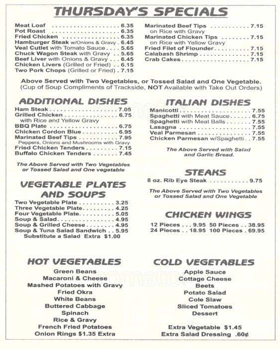 Menu at Trackside Restaurant, Mooresville
