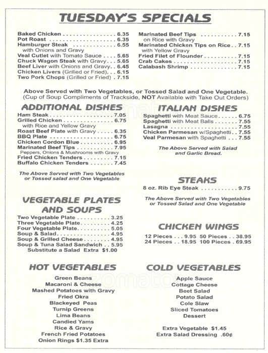 Menu at Trackside Restaurant, Mooresville