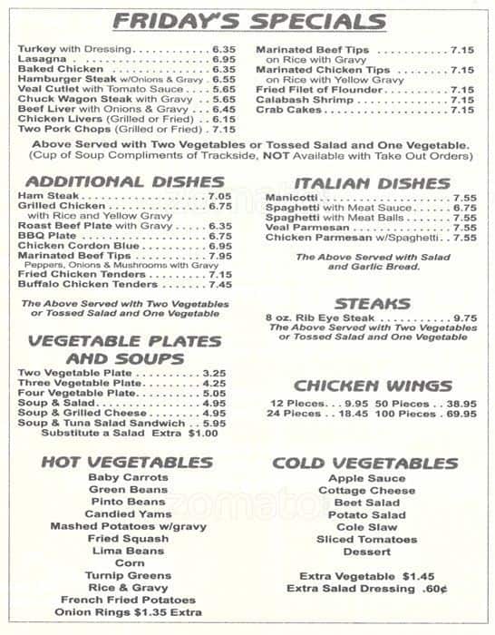 Menu at Trackside Restaurant, Mooresville
