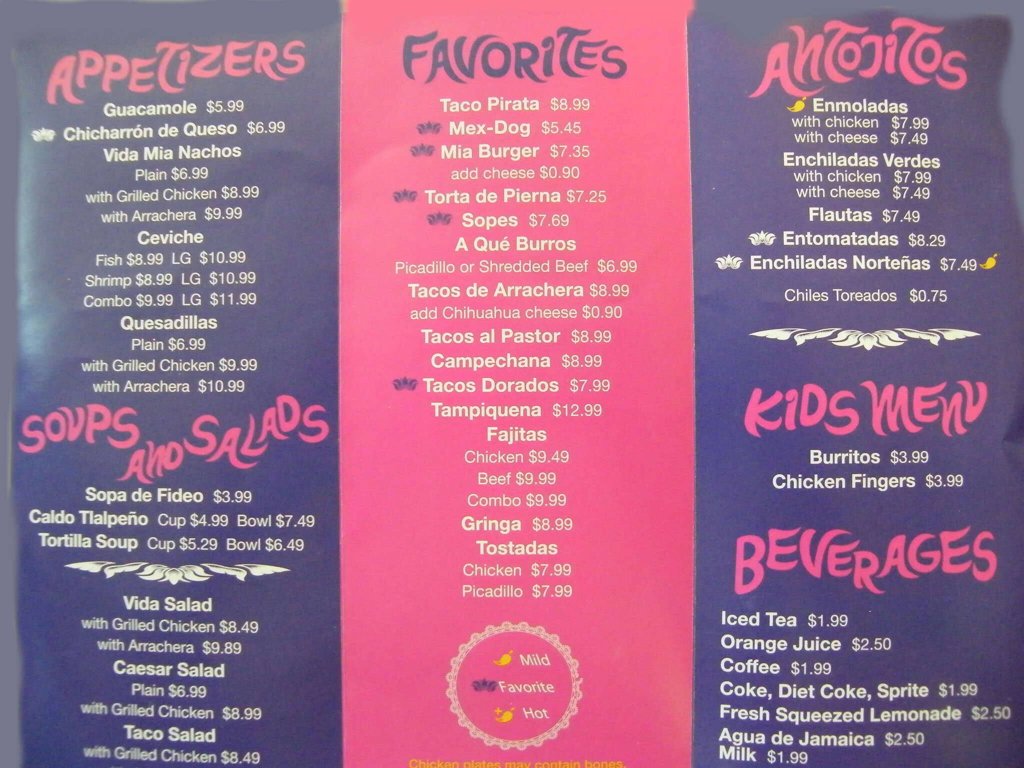 Vida Mia Mexican Cuisine Menu, Menu for Vida Mia Mexican Cuisine, Stone ...