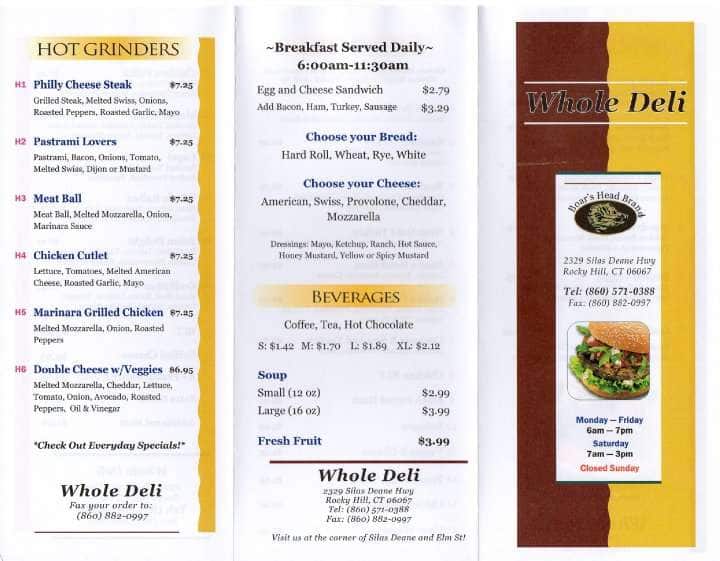 Menu at Whole Deli, Rocky Hill, Silas Deane Hwy