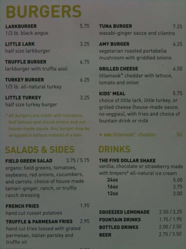 Menu at Larkburger Edwards restaurant, Edwards