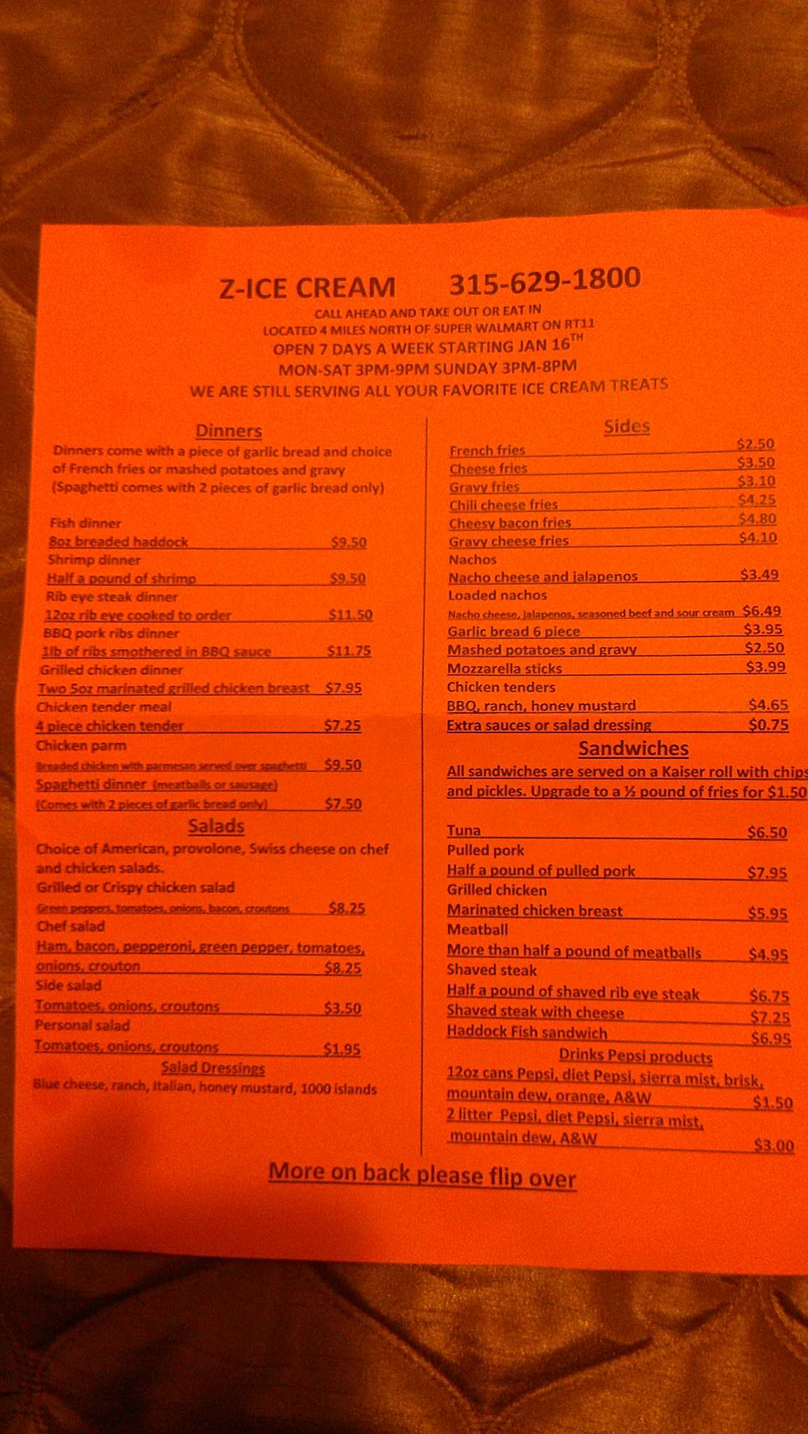 Menu at Z Ice Cream pizzeria, Evans Mills
