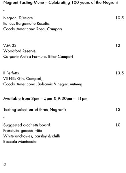 Menu at Cafe Murano Pastificio, London