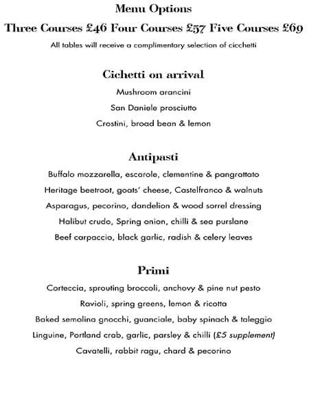 Menu at Cafe Murano Pastificio, London