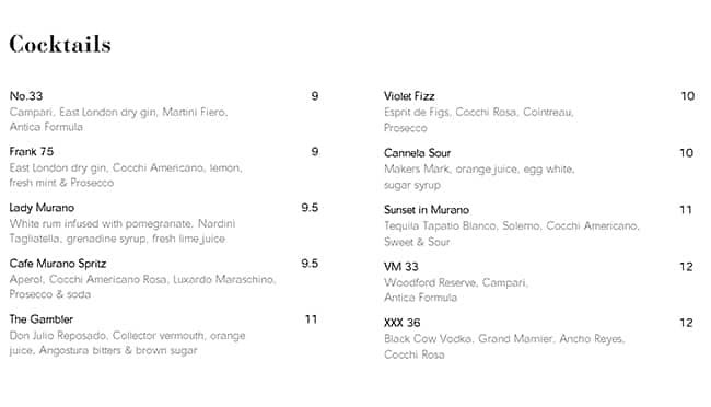 Menu at Cafe Murano Pastificio, London