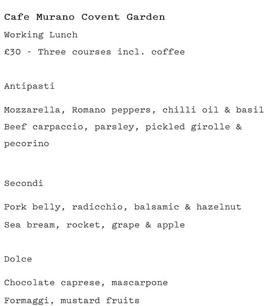 Menu at Cafe Murano Pastificio, London