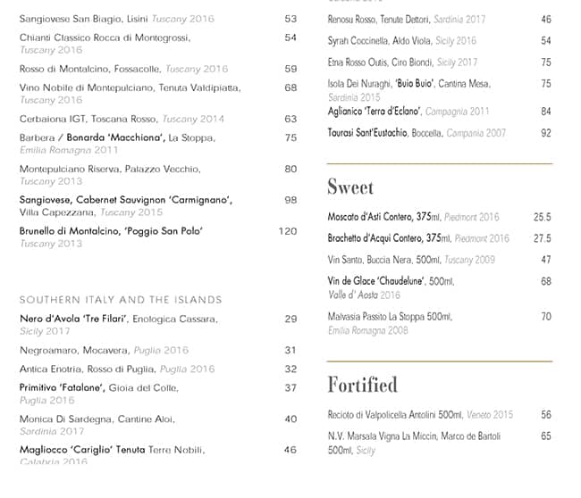 Menu at Cafe Murano Pastificio, London