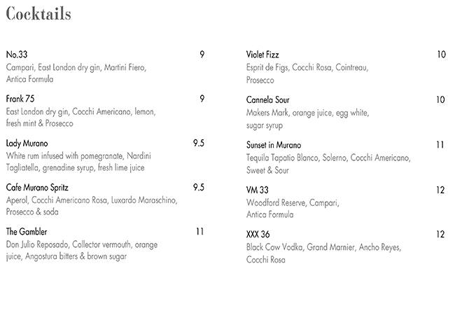 Menu at Cafe Murano Pastificio, London