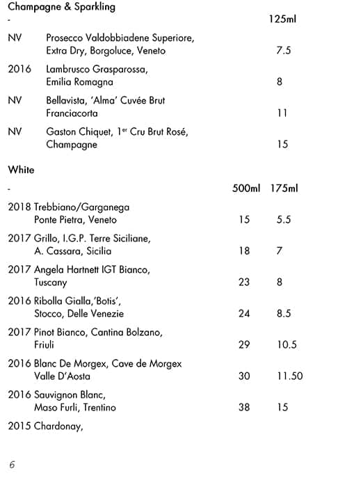 Menu at Cafe Murano Pastificio, London