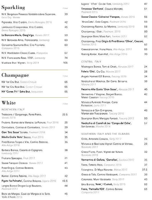 Menu at Cafe Murano Pastificio, London